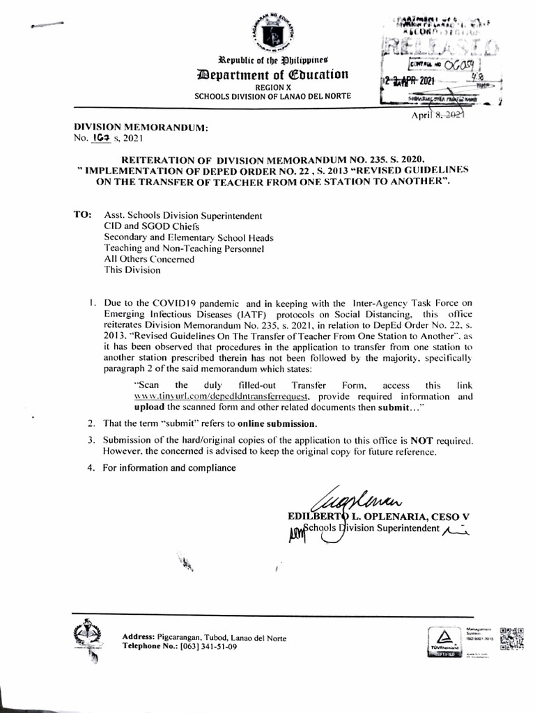 Reiteration of Div Memo No 235, S 2020 Implementation of Do No 22 S ...