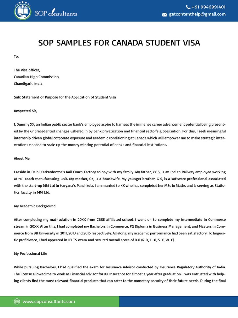 SOP Samples For Canada Student Visa | PDF