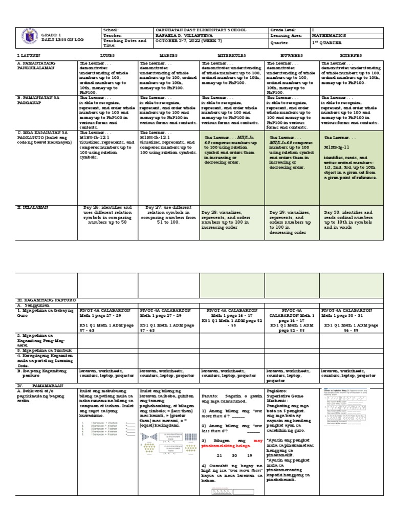DLL Mathematics-1 Q1 W7 | PDF | Learning | Psychological Concepts