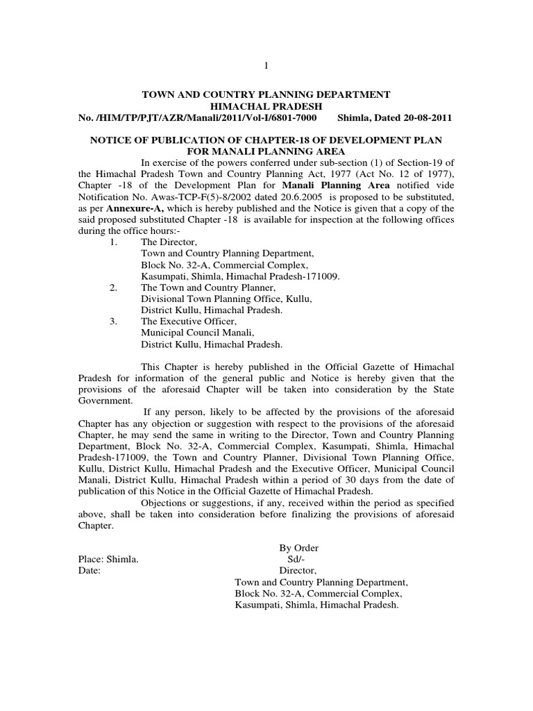 Proposed Amendments to the Development Plan for Manali Planning Area ...