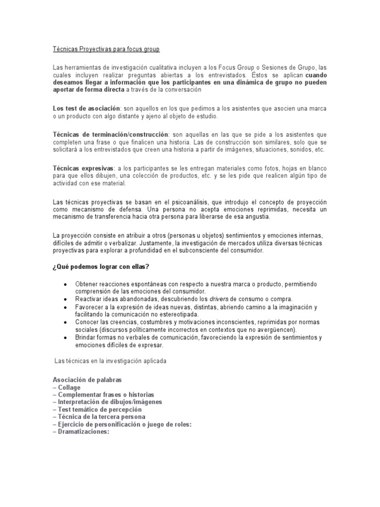 Técnicas Proyectivas en Focus Groups | PDF | Grupo de enfoque | Las emociones