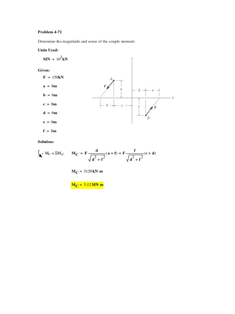 Determine The Magnitude and Sense of The Couple Moment.: Problem 4-71 ...