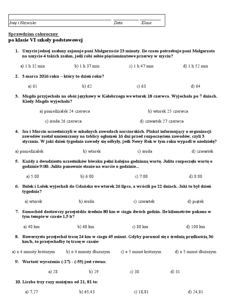 Sprawdzian Całoroczny Z Matematyki Po 6 Klasie | PDF