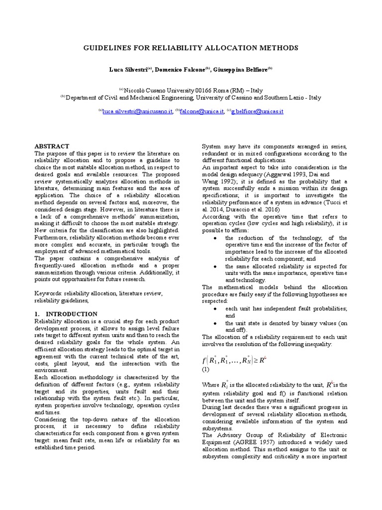 Guidelines For Reliability Allocation Methods: Luca Silvestri, Domenico ... Guidelines For Reliability Allocation Methods: Luca Silvestri, Domenico ...