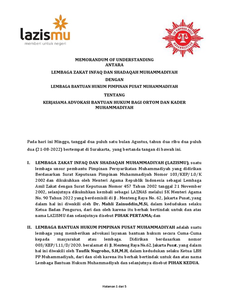 MoU Antara Lazismu - LBH MUHAMMADIYAH | PDF