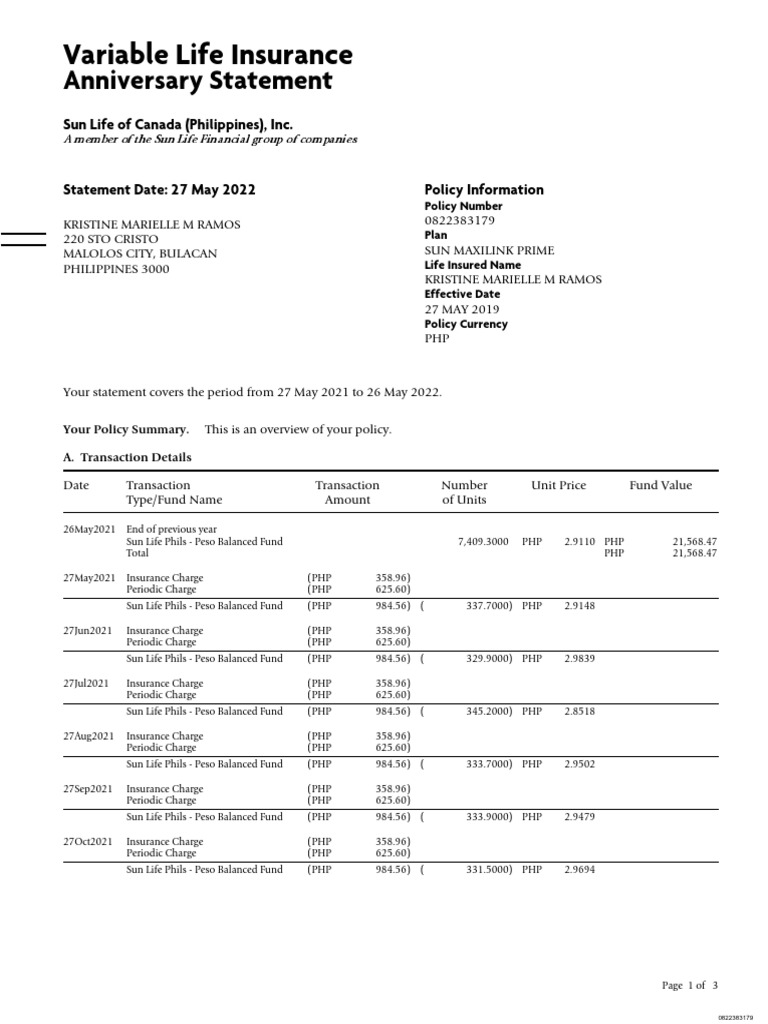Variable Life Insurance: Anniversary Statement | PDF | Insurance | Life ...
