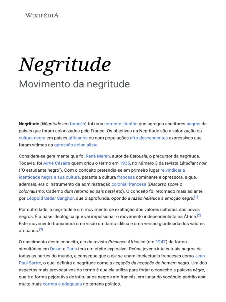 Negritude - Wikipédia, A Enciclopédia Livre | PDF | Etnia | Colonialismo