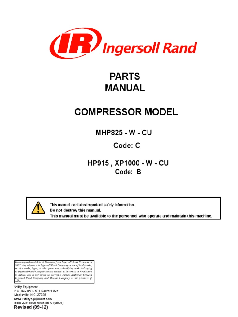 Parts Manual Compressor Model: MHP825 - W - CU Code: C HP915, XP1000 - W - CU Code: B | PDF ...