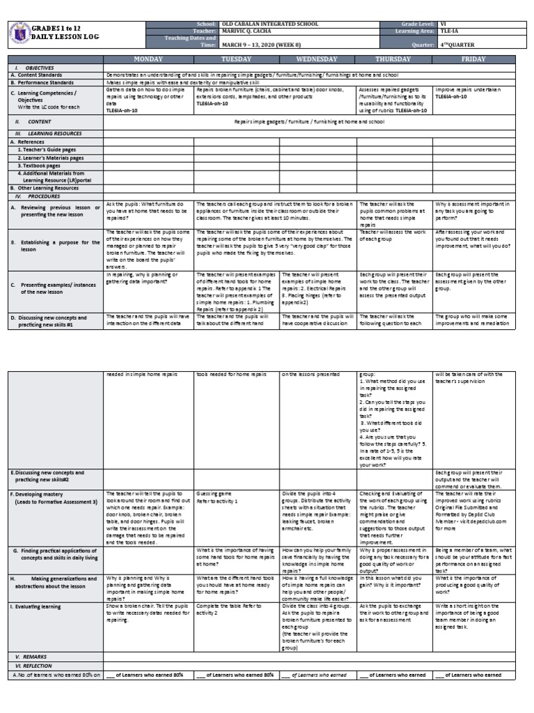 DLL - Tle 6 - Q4 - W8 | PDF | Teachers | Learning
