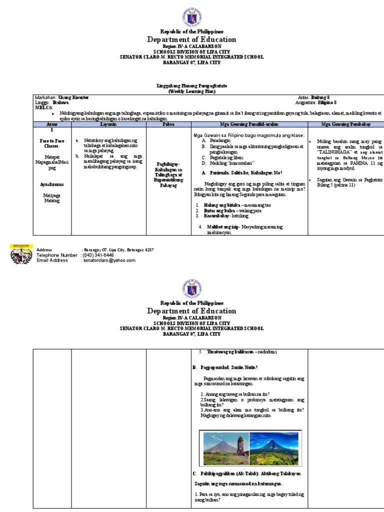 Weekly Learning Plan Filipino 8 | PDF