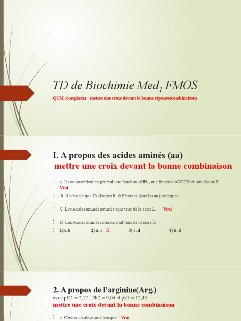 Correction Du TD de Biochimie 2021-2022 | PDF | Acide aminé | Hémoglobine