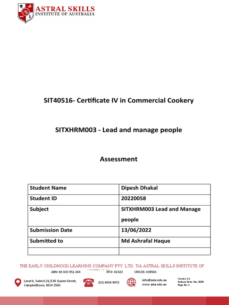 V2 - SITXHRM003 Lead and Manage People Student Assessment Guide | PDF | Leadership | Motivation