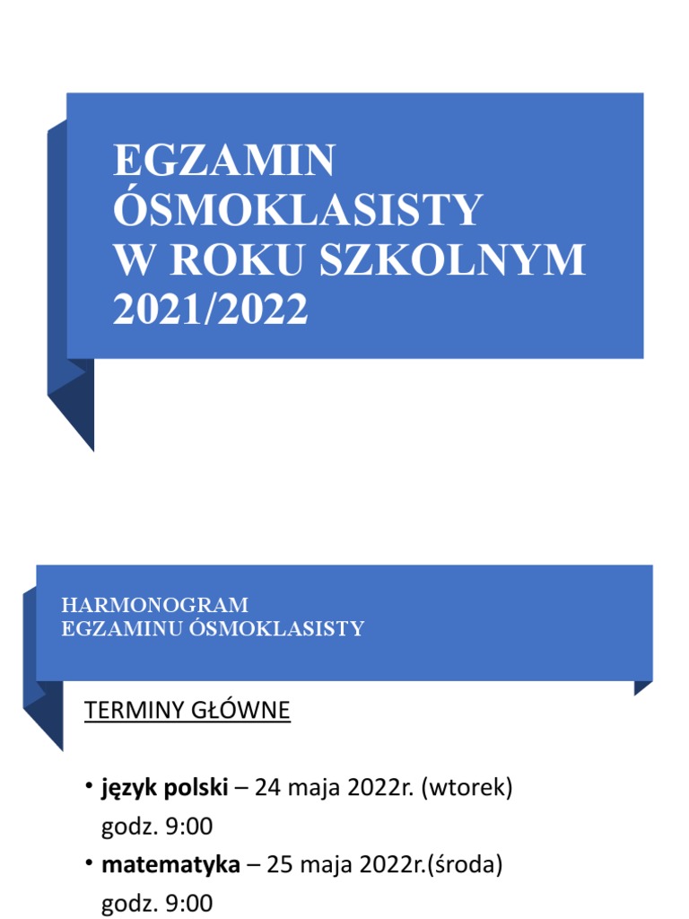 EGZAMIN O SMOKLASISTY Prezentacja Dla Ucznio W I Rodzicowe 2021 Pokaz 1 | PDF