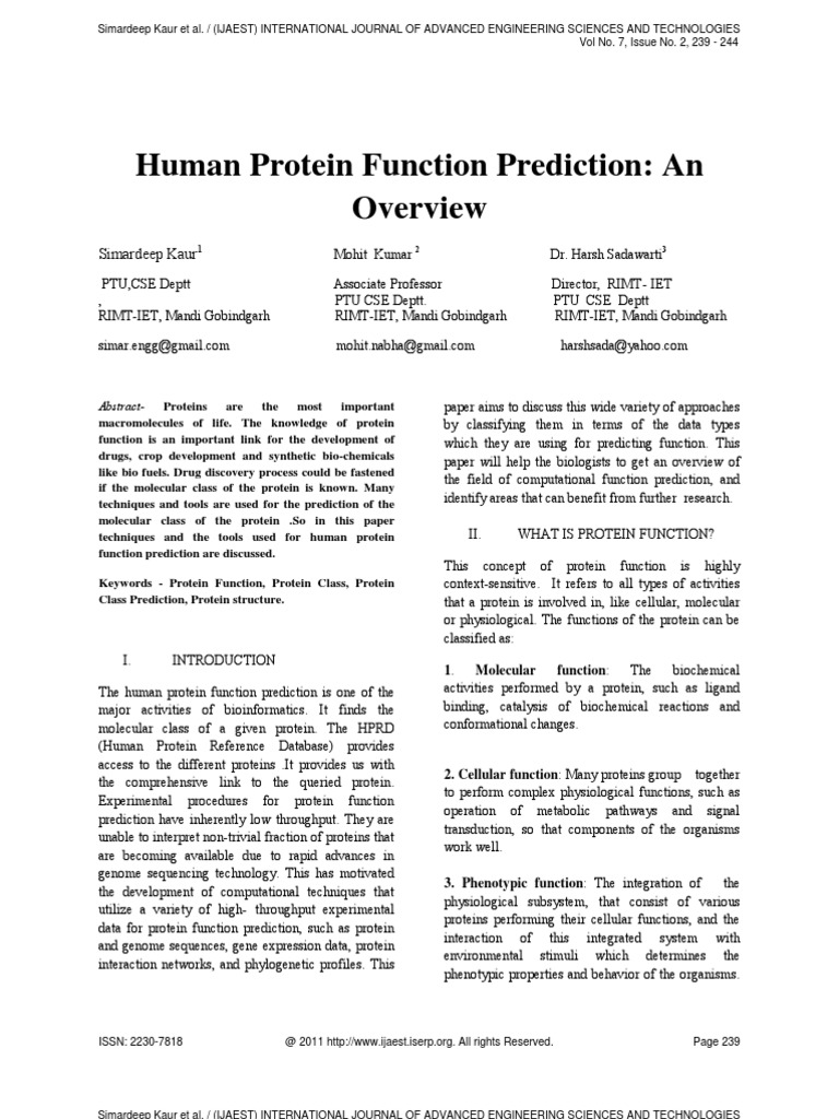 10.IJAEST Vol No 7 Issue No 2 Human Protein Function Prediction An Overview 239 244 | PDF ...