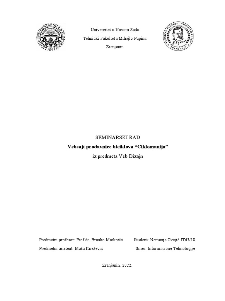 Veb-Sajt Prodavnice Biciklova "Ciklomanija", Nemanja Cvejić IT63-18 ...