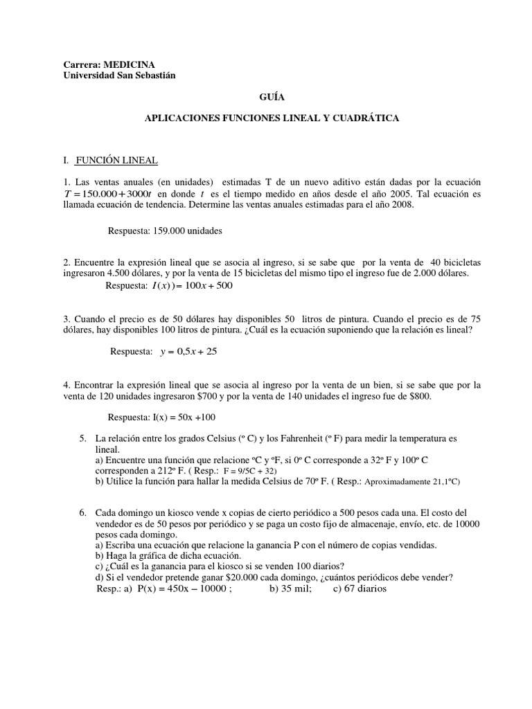 GUIA 3 APLICACIONES Funciones Lineal y Cuadratica | PDF | Celsius
