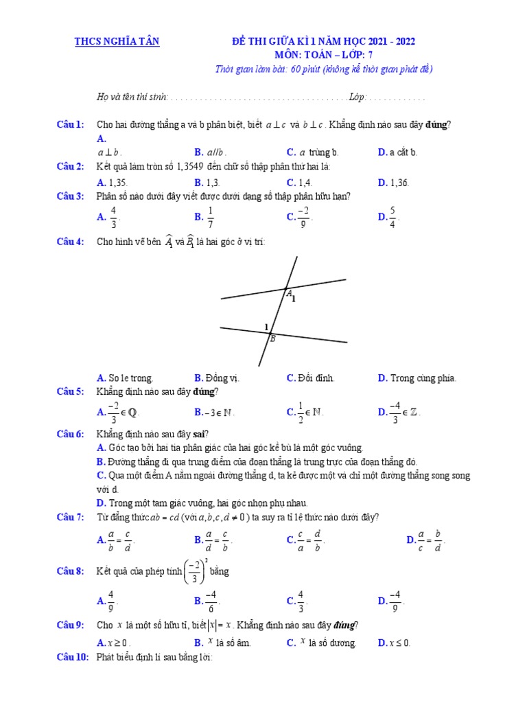 De Kiem Tra Giua Hoc Ki 1 Toan 7 Nam 2021 2022 Truong Thcs Nghia Tan Ha Noi Removed | PDF