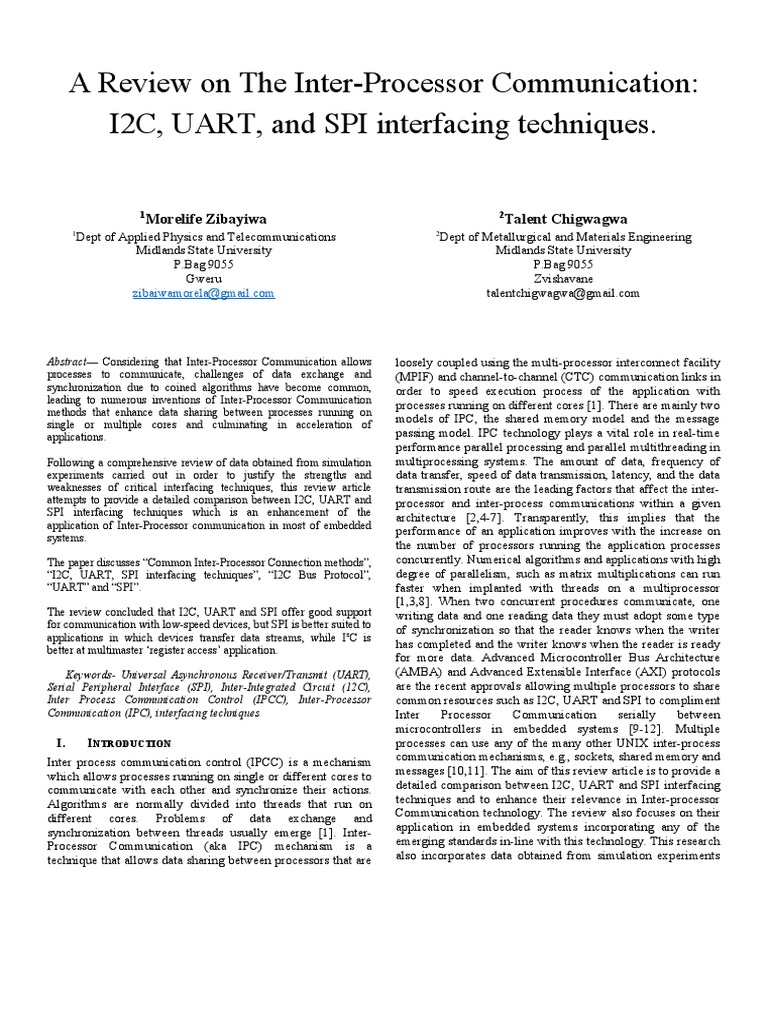 A Review On The Inter Processor CommunicationI2C, UART, and SPI Interfacing Techniques | PDF ...