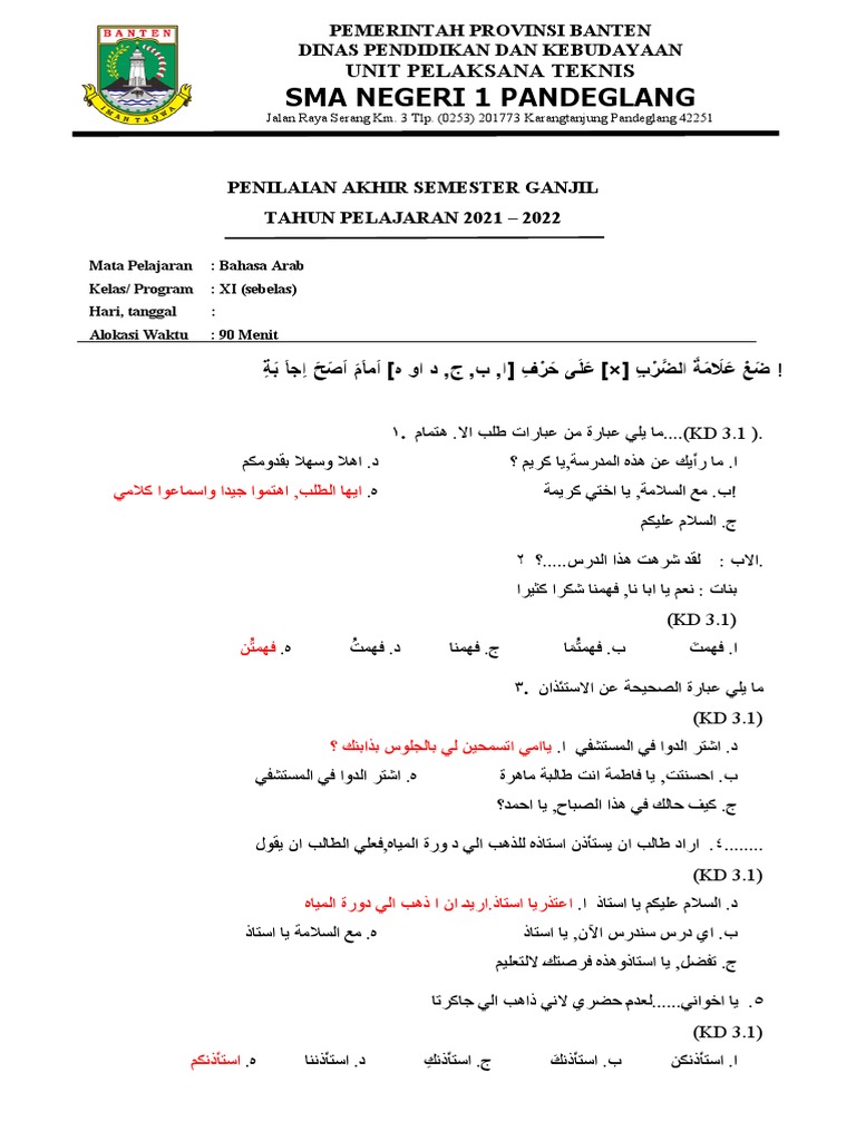 Soal Pas Ganjil Bahasa Arab Kls Xi 2021 Jibas | PDF