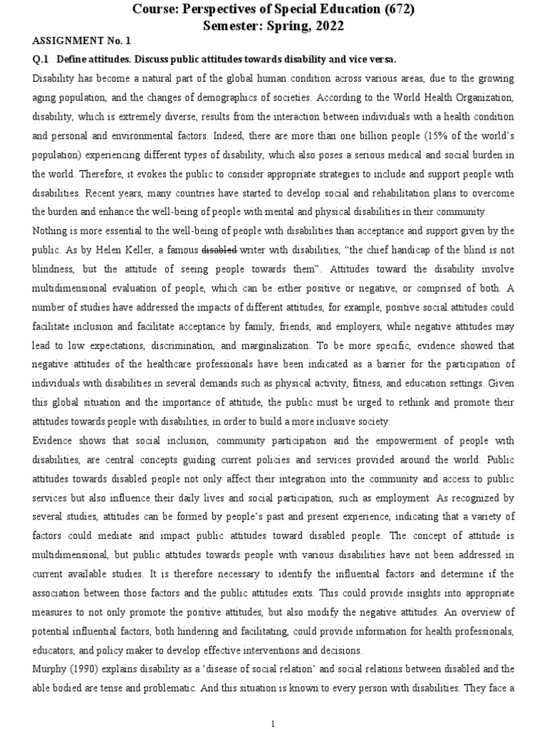 Assignment No. 1 Q.1 Define Attitudes. Discuss Public Attitudes Towards Disability and Vice ...