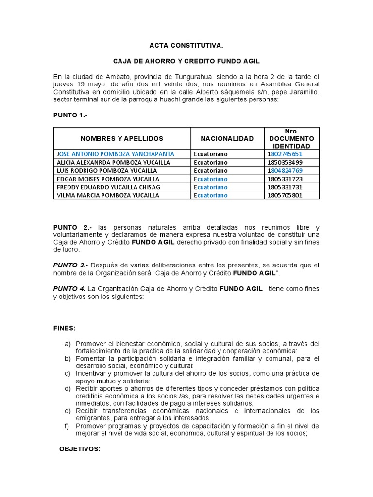 Acta Constitutiva de la Caja de Ahorro y Crédito Fundo Agil | PDF | Ecuador