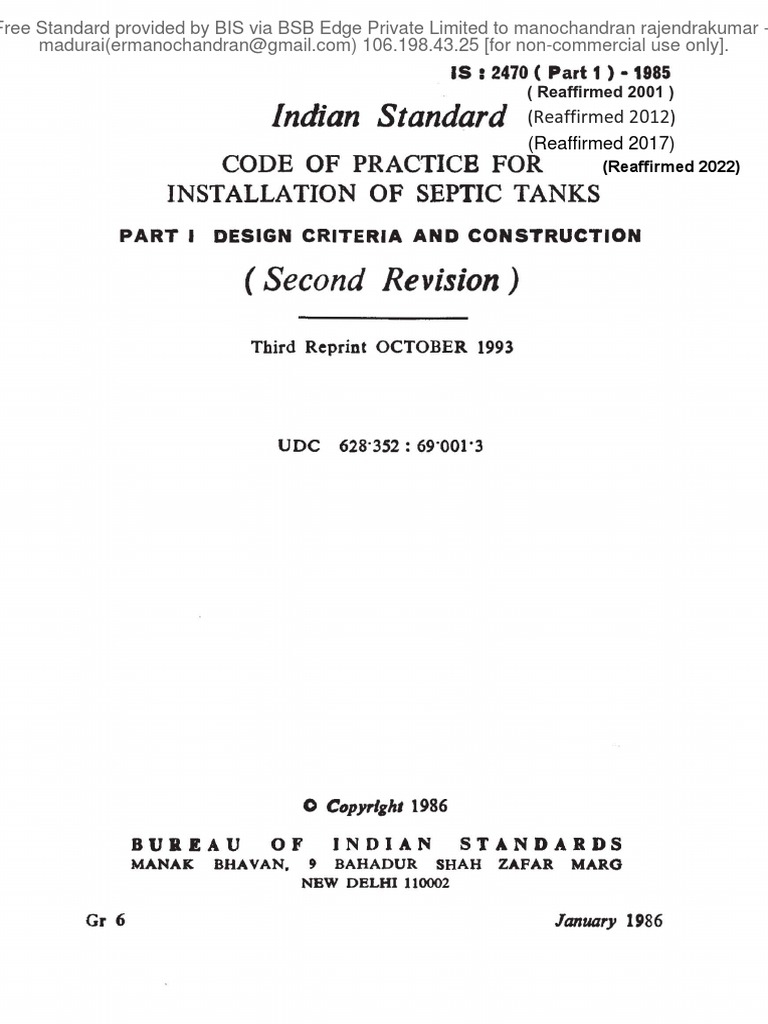 Is 2470 - 1 - 1985 Design of Septic Tanks | PDF | Septic Tank | Sewage Treatment