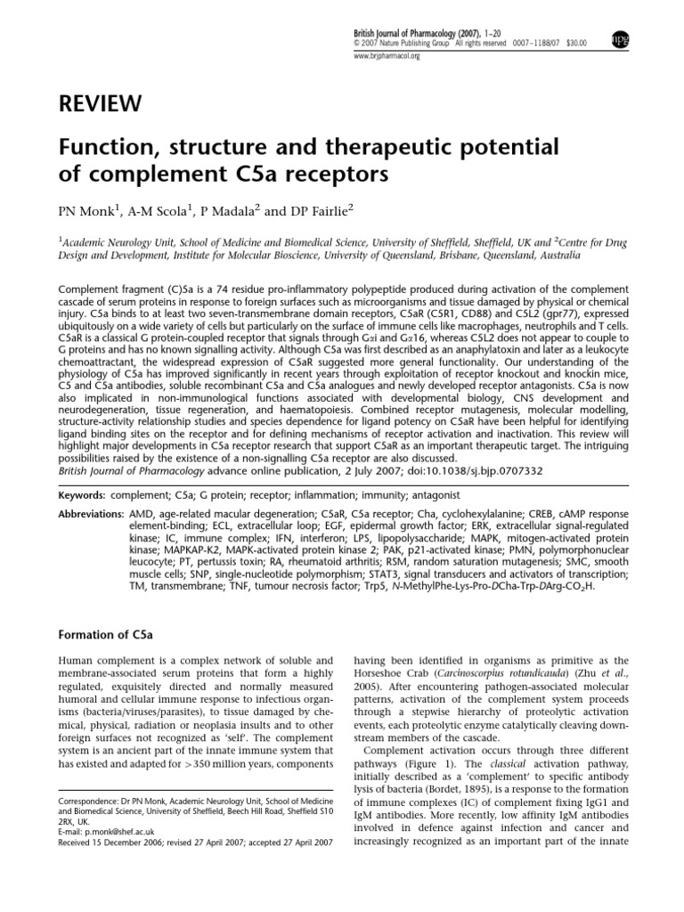 Function, Structure and Therapeutic Potential of Complement C5a ...