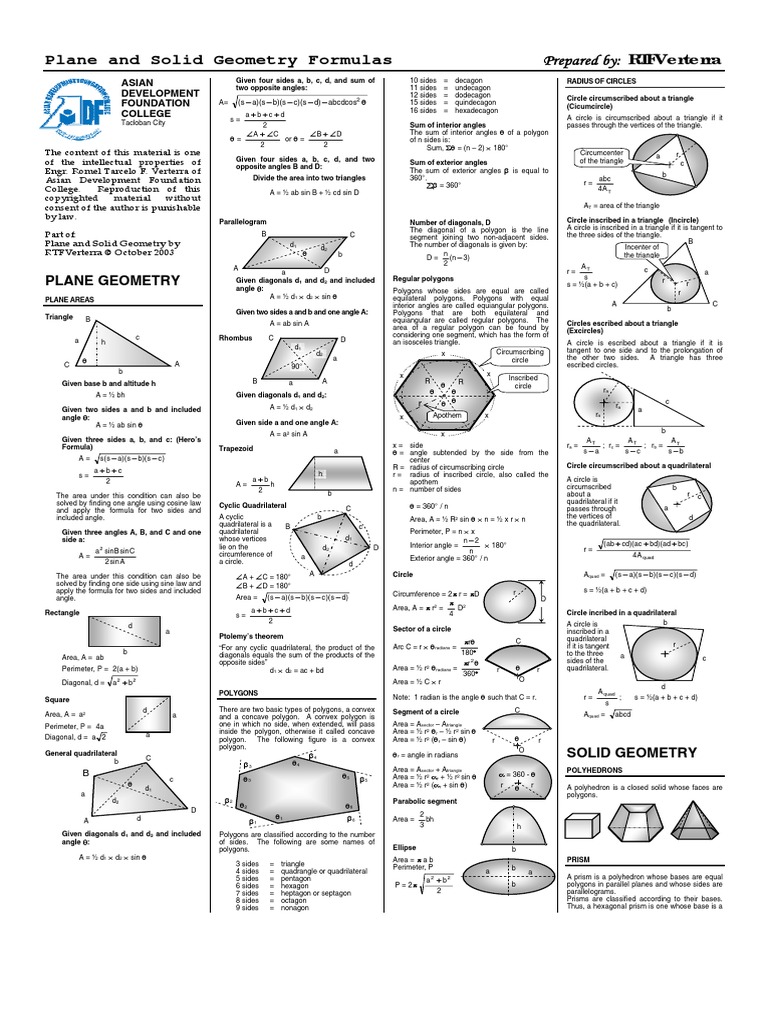 Plane and Solid Geometry Formulas Prepar | PDF | Triangle | Area