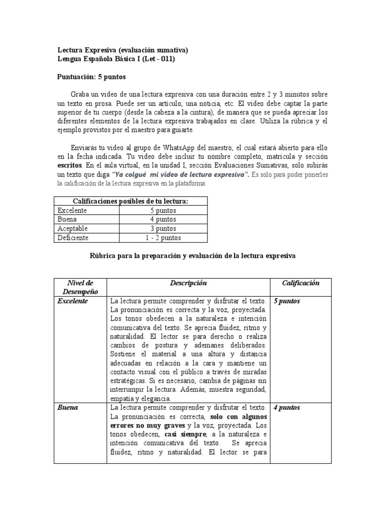 Lectura Expresiva - Evaluación Sumativa - Let 011 - Unidad 1 | PDF