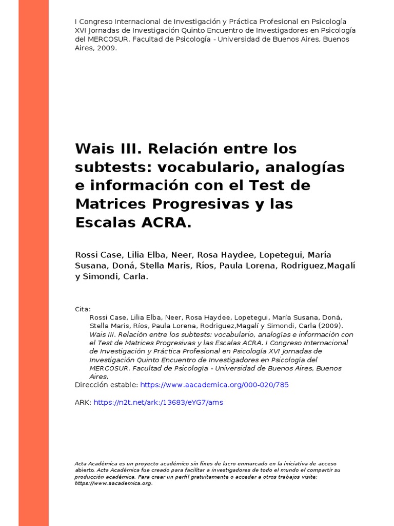 Wais III. Relación Entre Los Subtests: Vocabulario, Analogías e ...