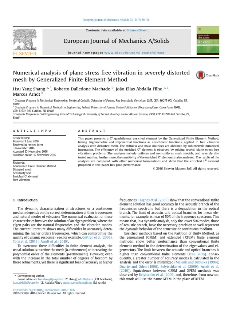 Shang 2017 Numerical Analysis Of Plane Stress Free Vibration In Severely Distorted Mesh By