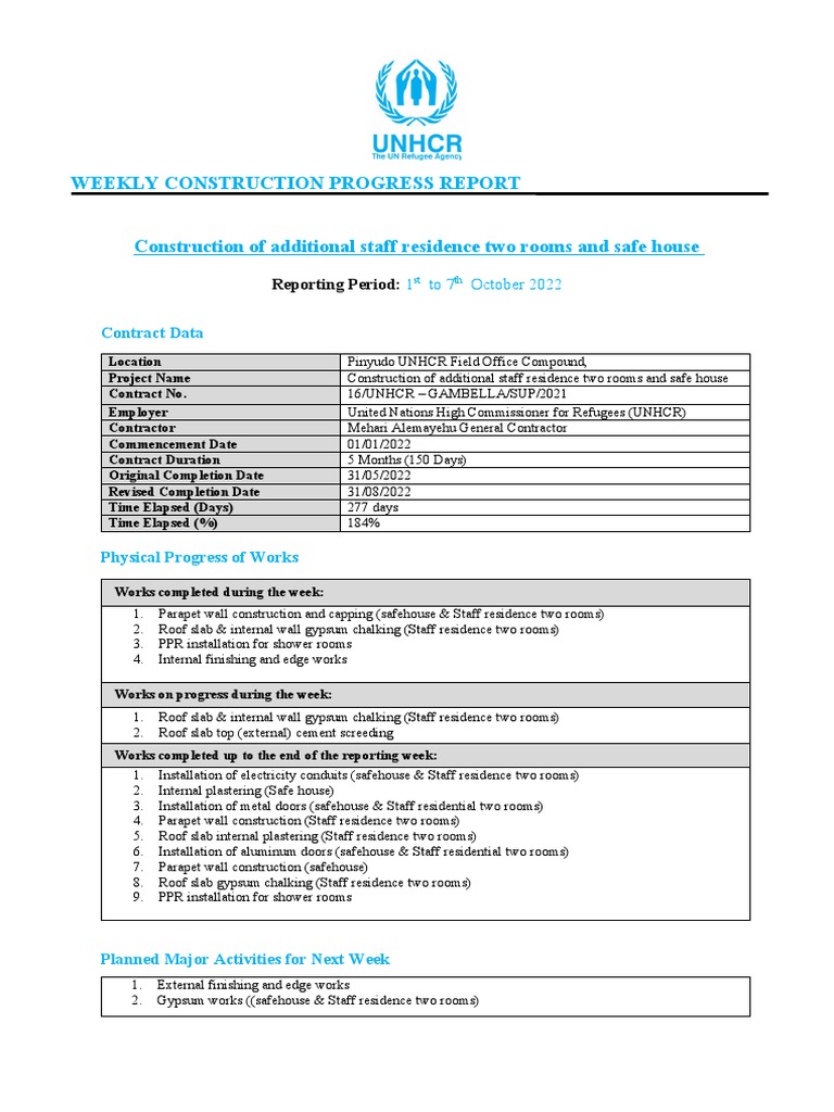 Weekly Progress Report on the Construction of Additional Staff ...