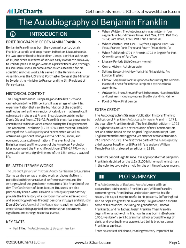 The Autobiography of Benjamin Franklin LitChart | PDF