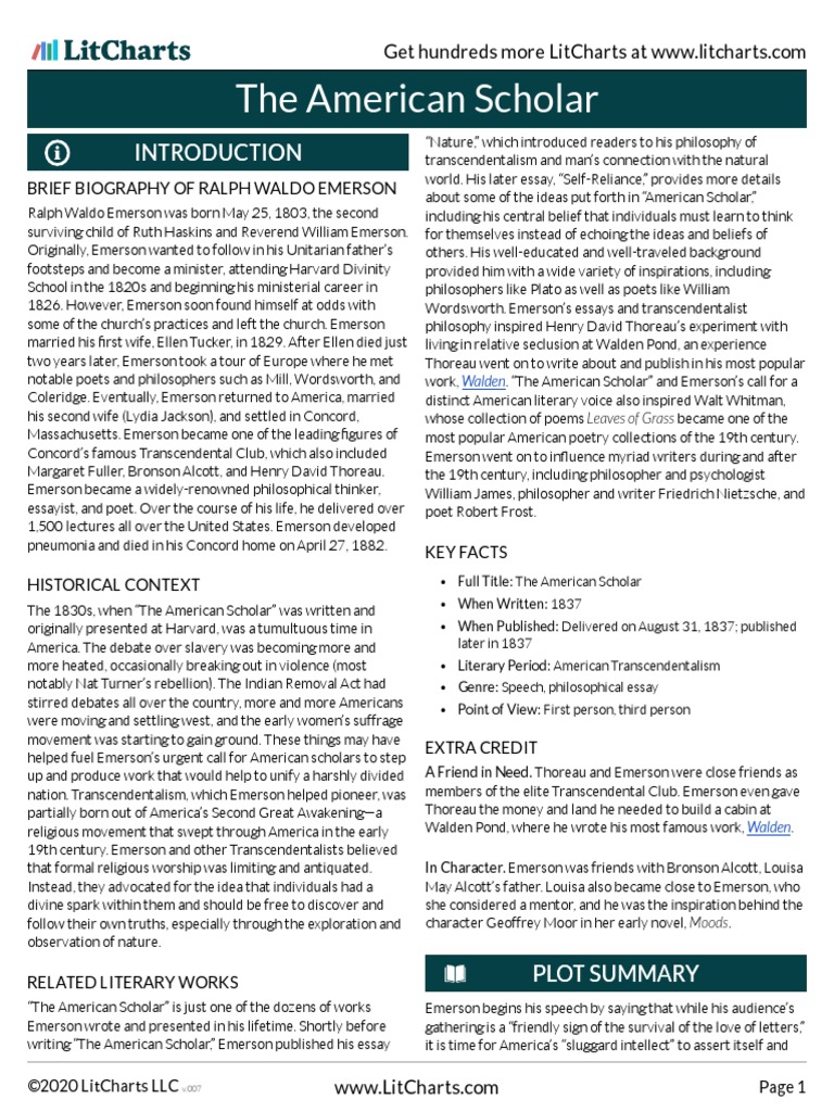 The American Scholar LitChart | PDF | Ralph Waldo Emerson ...