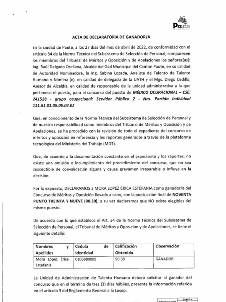 2022 ABR 0160000510001 GANADOR 1331-241528-Acta-Declaratoria-Ganador | PDF