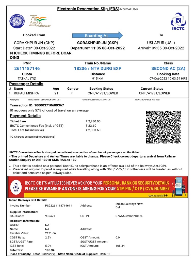 NTV Durg Exp Second Ac (2A) | PDF | Identity Document