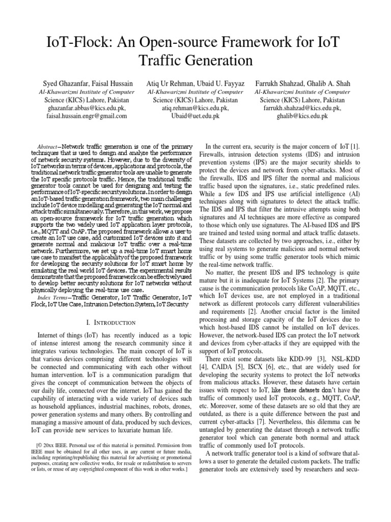 IoT-Flock An Open-Source Framework For IoT Traffic | PDF | Internet Of Things | Computer Network
