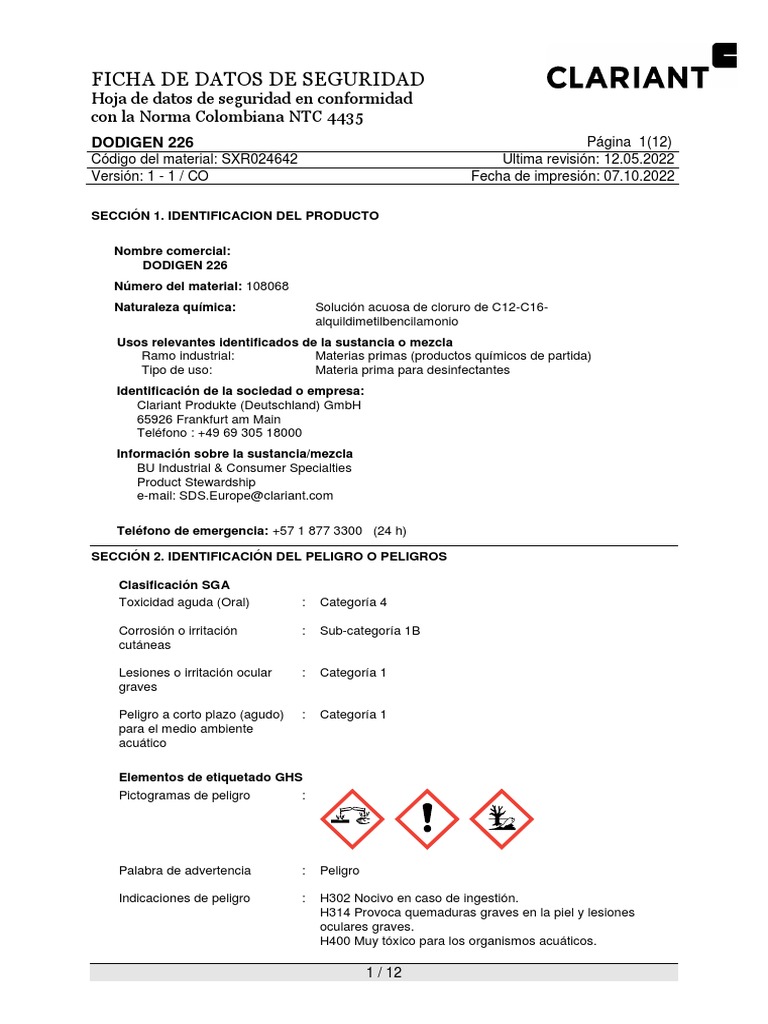Clariant SDS DODIGEN 226 Colombia Spanish | PDF
