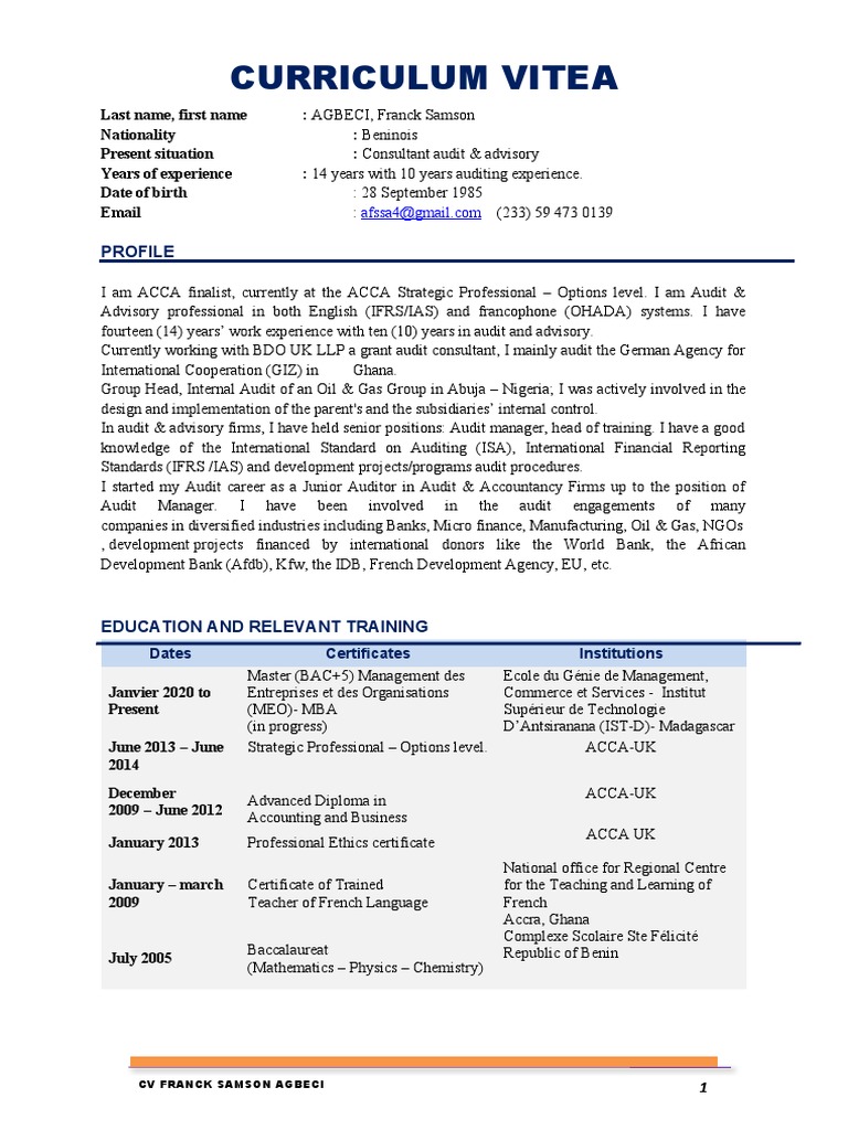 CV - Franck Samson AGBECI - English Version | PDF | Audit | Financial Audit