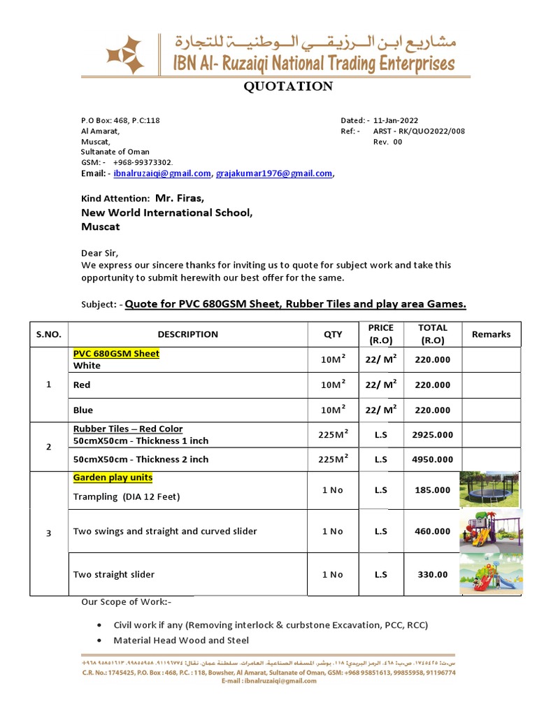 Quotation RK-QUO-2022-008 Rev 00 - MR Firas - New World International School | PDF