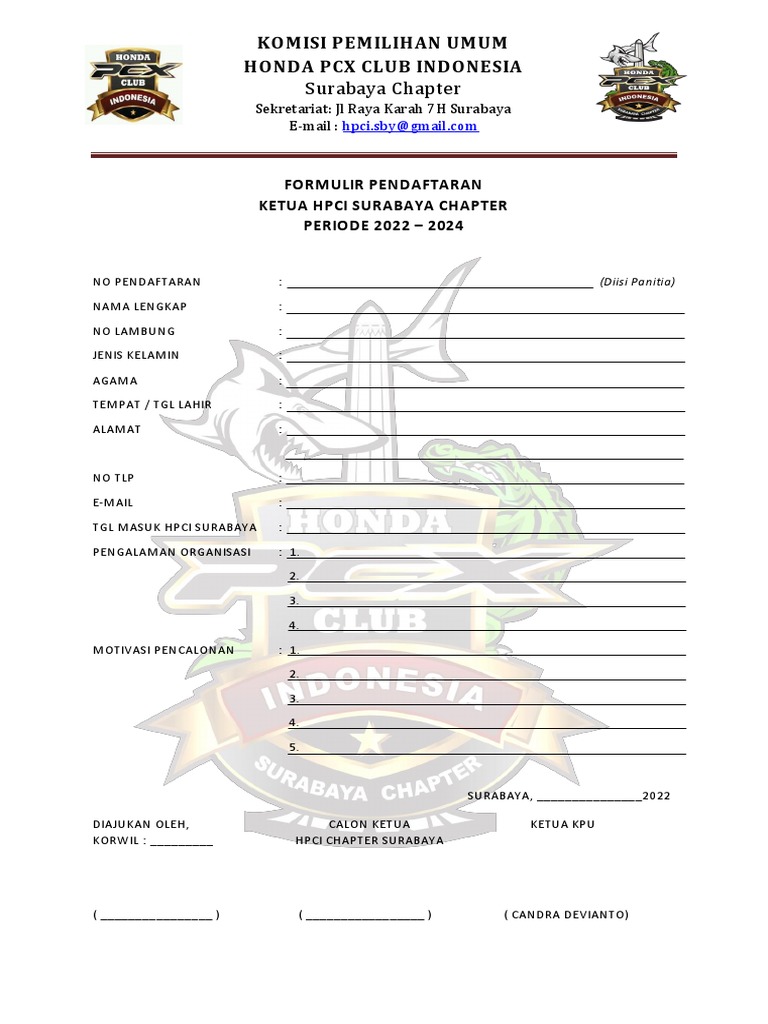 Formulir Pendaftaran Kpu Hpci Sby PDF | PDF