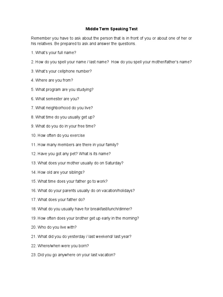 Middle Term Speaking Test | PDF