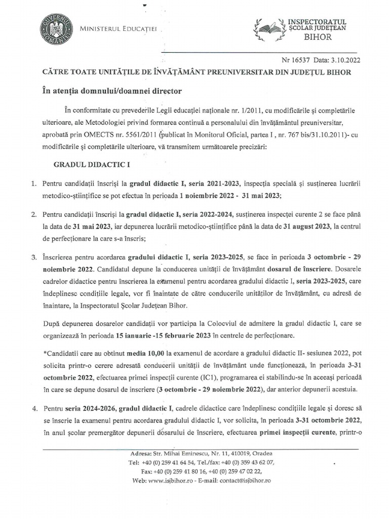 Adresa ISJ BH - 16537 - Precizari Grade Didactice | PDF