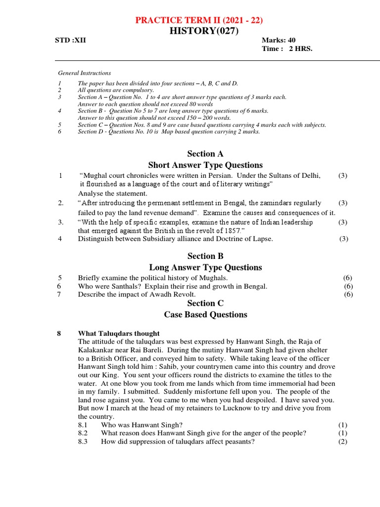 History Exam Paper for Class XII | PDF | Asia | South Asia