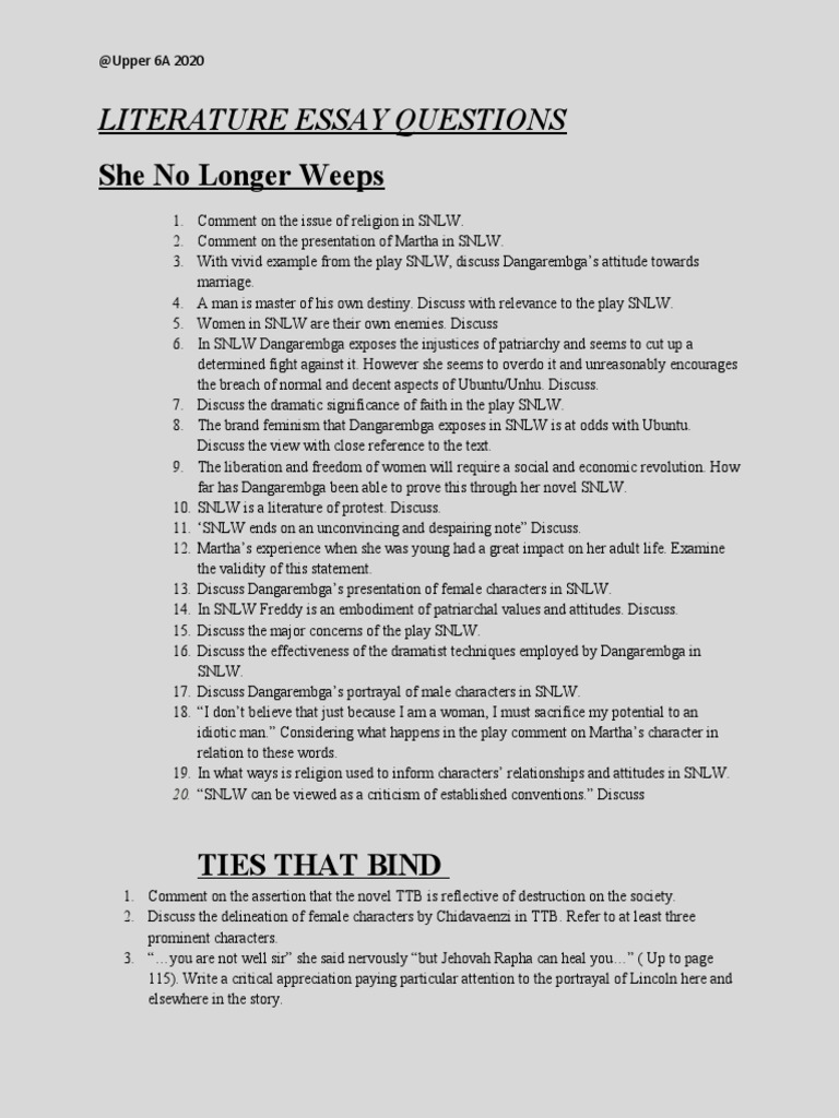 Literature Essay Questions for SNLW, TTB, SLAL, and Miguel Street | PDF ...