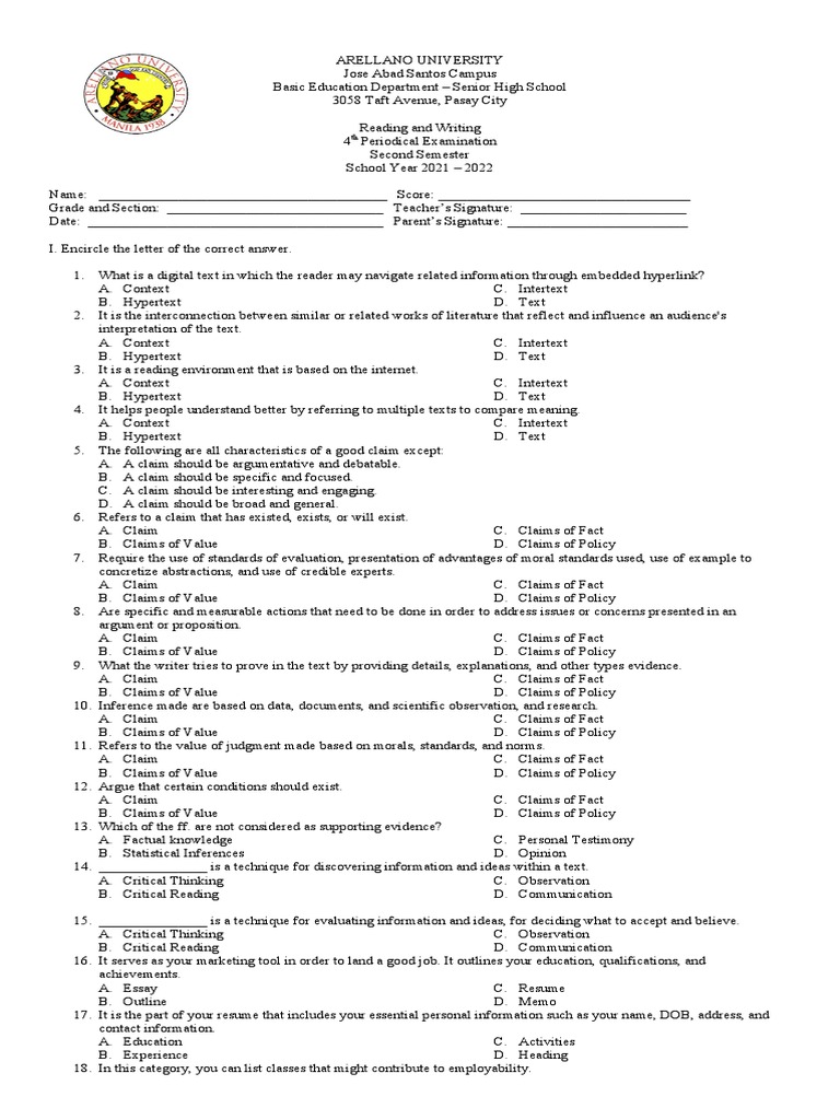 4th PERIO READING AND WRITING | PDF | Critical Thinking | Intertextuality