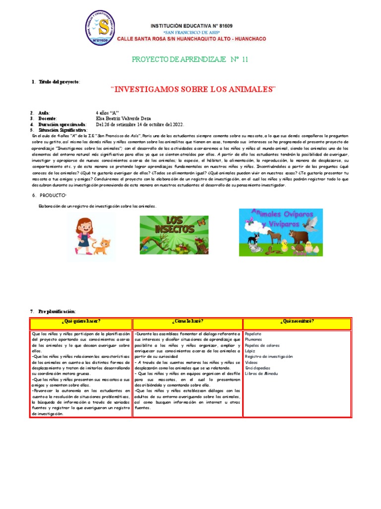 PROYECTO DE APRENDIZAJE Animales | PDF | Curiosidad | Información