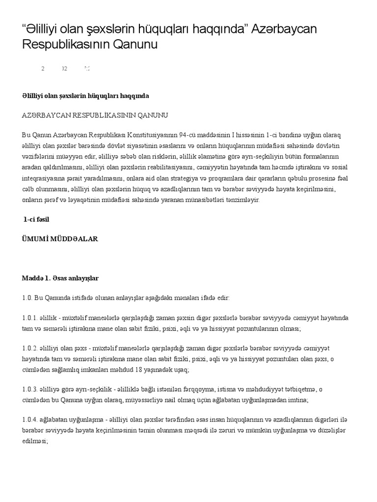 "Əlilliyi Olan Şəxslərin Hüquqları Haqqında" Qanun | PDF