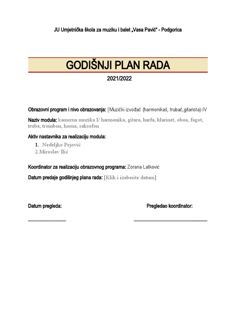 Formular Za Izradu Godišnjeg Plana Rada 1 | PDF