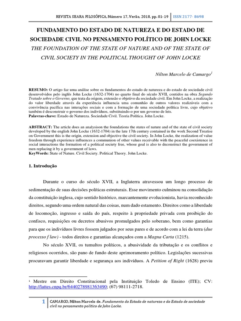 Fundamento Do Estado de Natureza e Do Estado de Sociedade Civil No ...